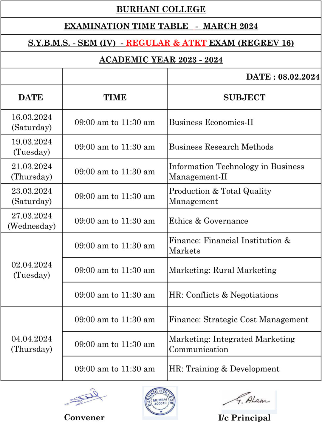 REGULAR AND ATKT EXAM TIME TABLE SEM – IV MARCH – 2024 | Burhani College