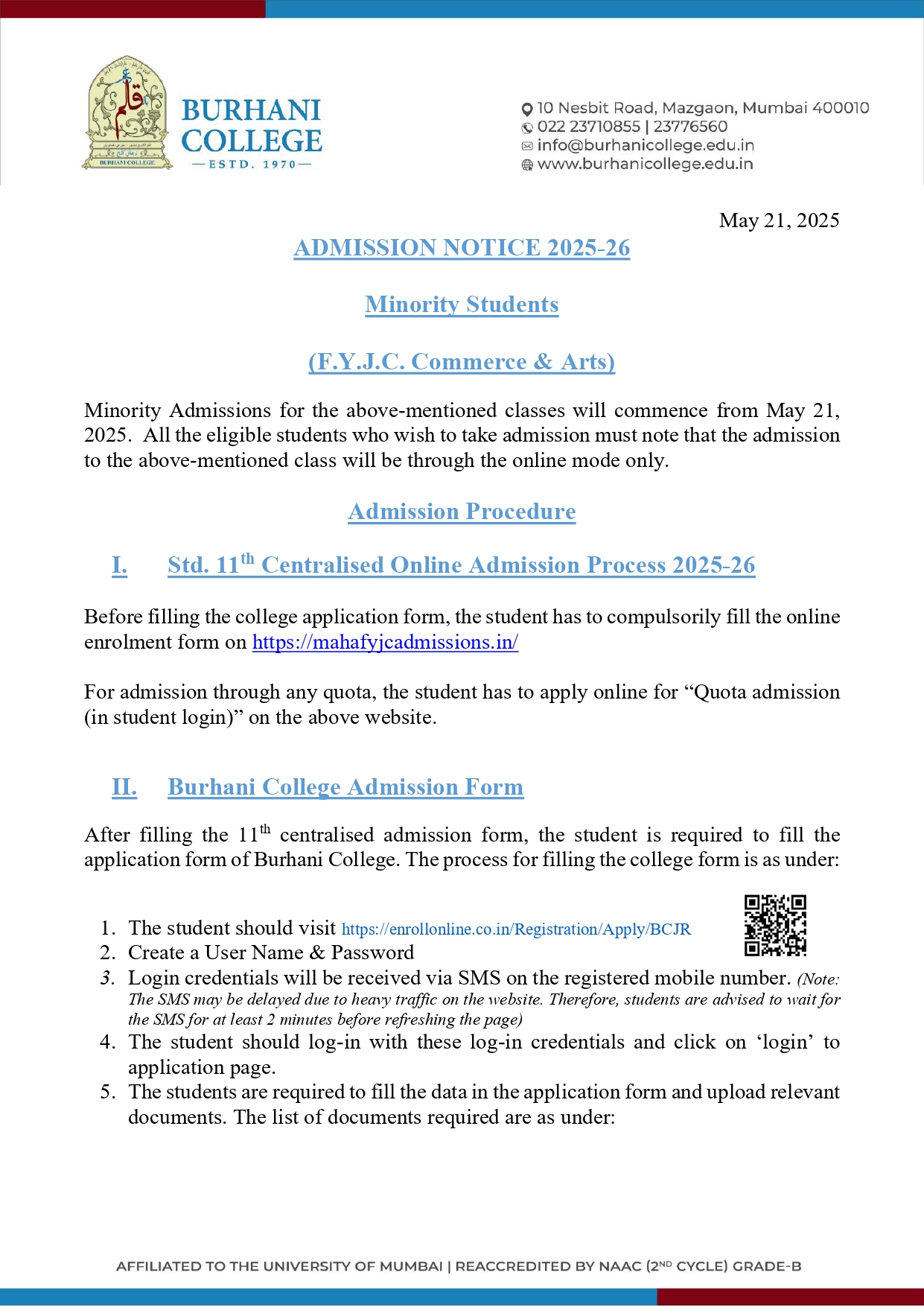 FYJC Minority Admission Notice 2025-26 | Burhani College