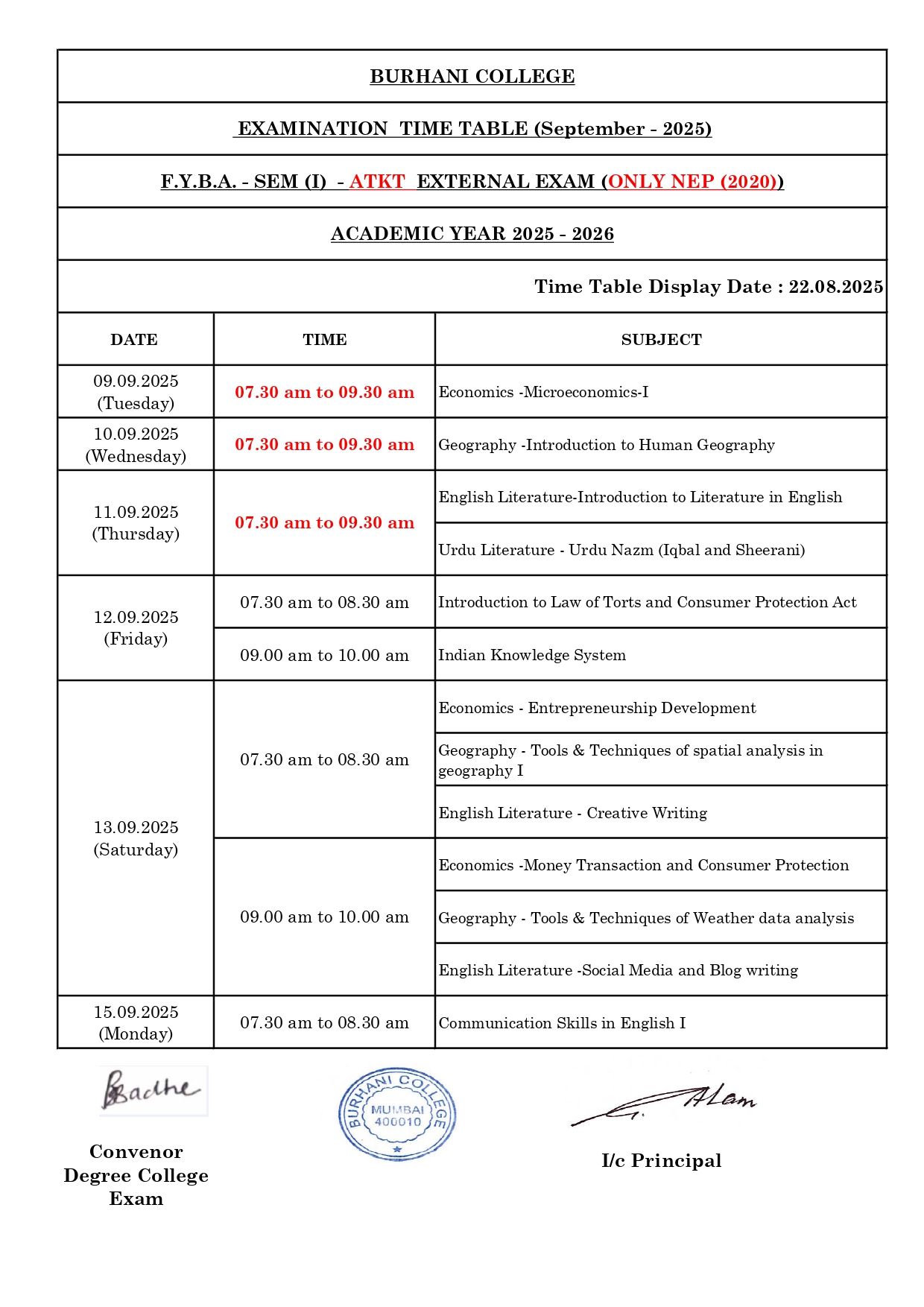 ATKT ONLY NEP SEM – I EXAM TIME TABLE SEP – 2025 | Burhani College